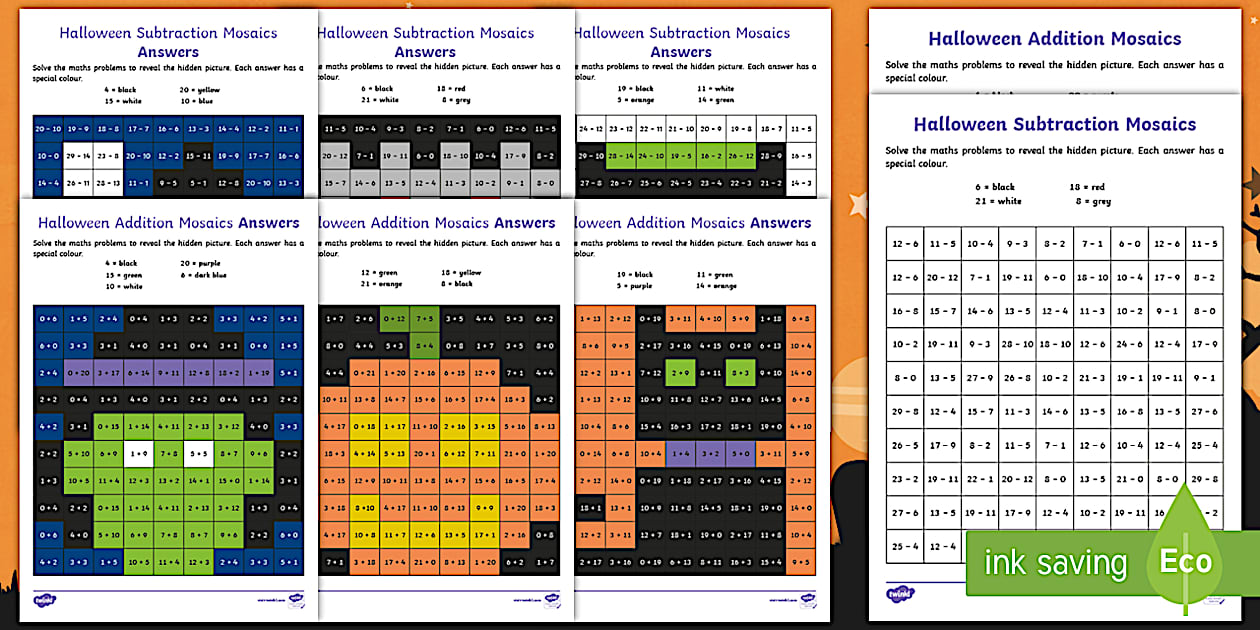 Editable Halloween Addition and Subtraction Mosaic Activity Pack