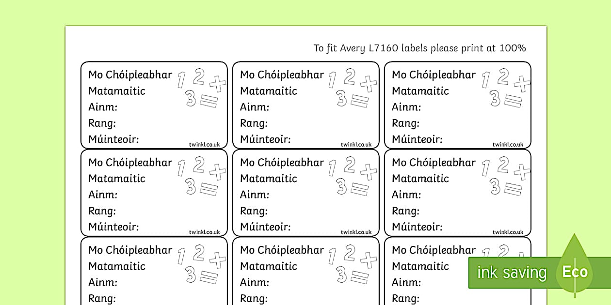 Irish Gaeilge Pupil Maths Copybook Labels - Twinkl