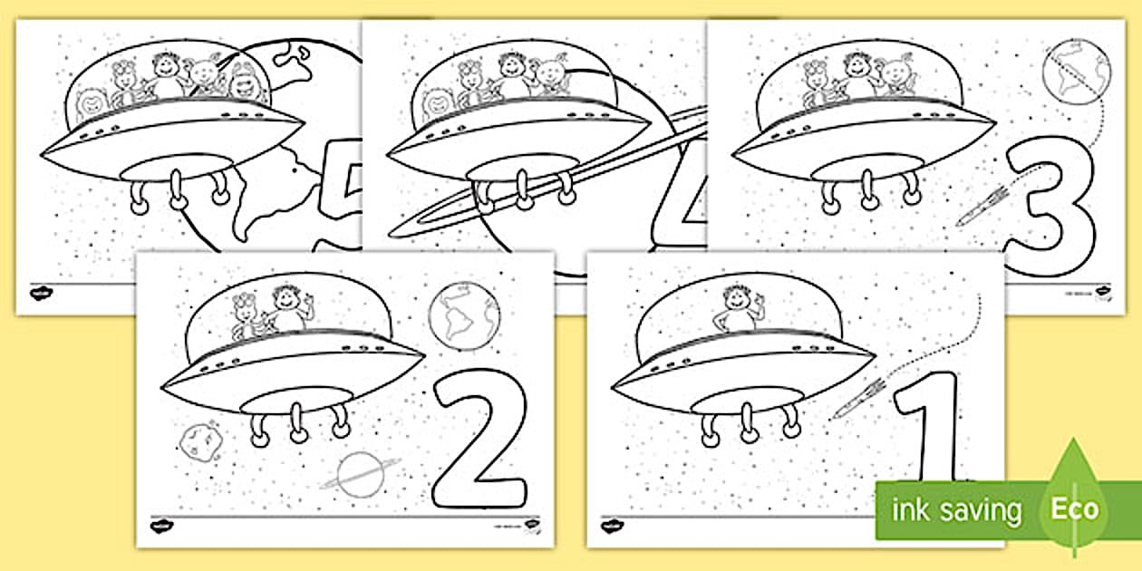 5 Little Men in a Flying Saucer Colouring Pages - Twinkl