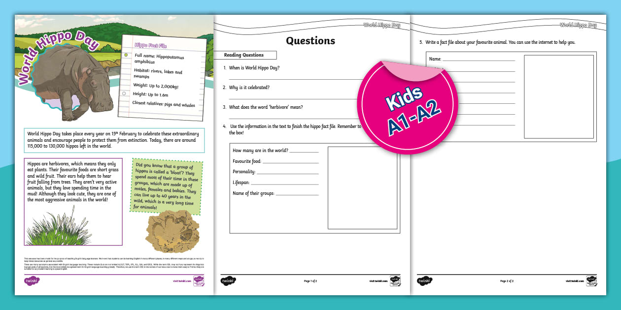 ESL World Hippo Day Reading Comprehension Worksheet [Kids, A1-A2]