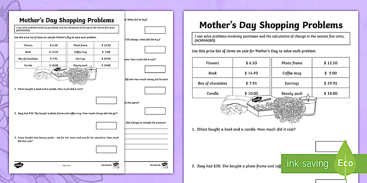 Mother's Day Shopping Problems Worksheet / Worksheet