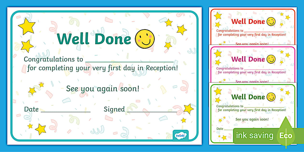 Editable First Day Award Certificates Reception - Twinkl