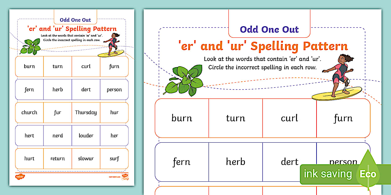 'er' and 'ur; Spelling Pattern Odd One Out Worksheet
