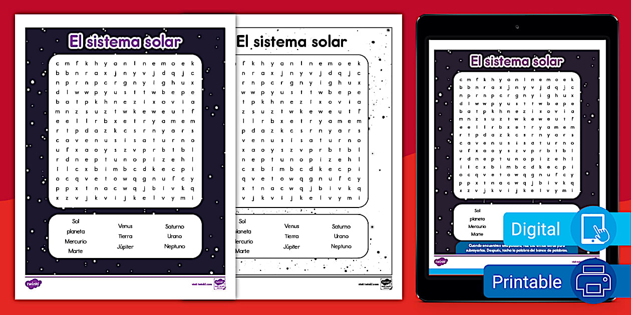 Sopa de letras para segundo grado: El sistema solar