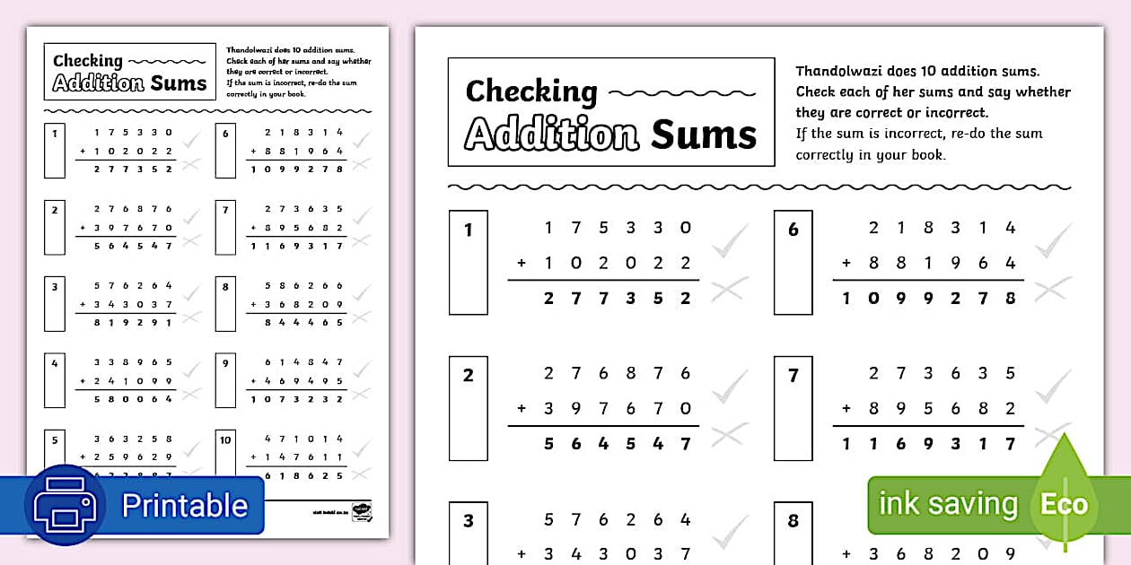 Checking Addition Sums Activity Sheet (teacher made)