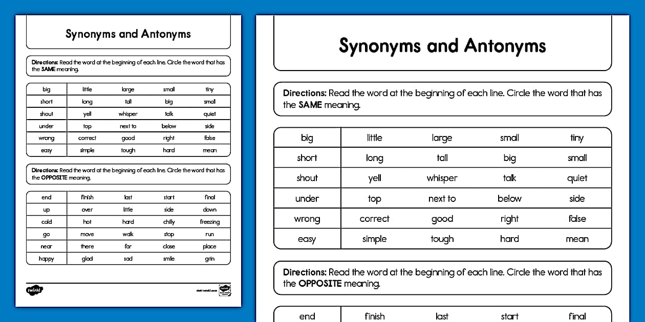 Printable Synonyms and Antonyms Practice Test | Twinkl USA