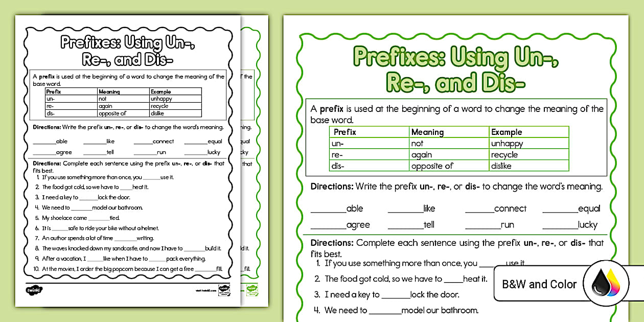 Second Grade Prefix Worksheet Using Un-, Re-, and Dis-