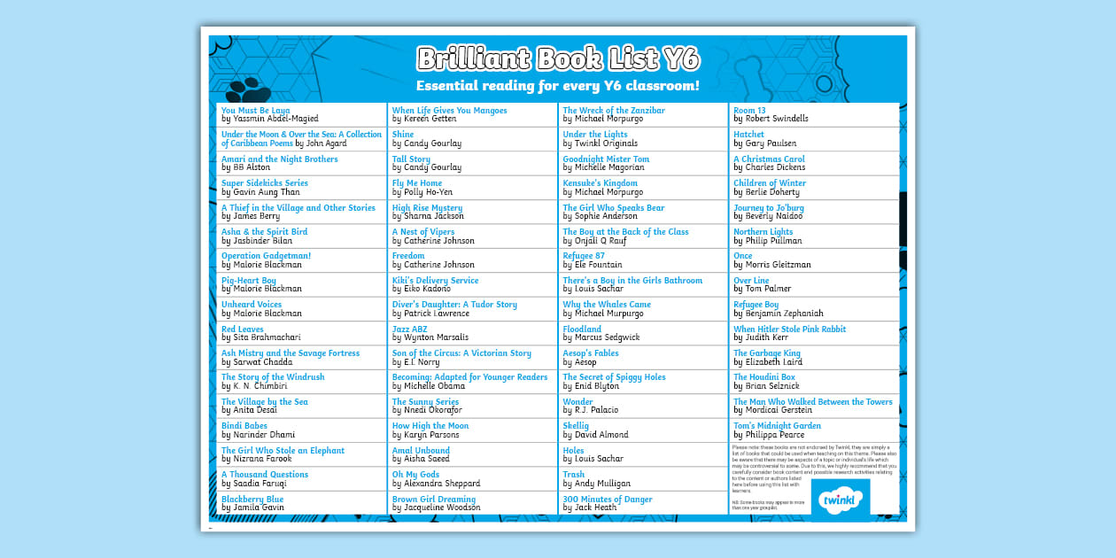 Year 6 Book List - Reading Choices - Primary Resources