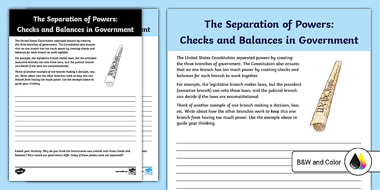 The Separation of Powers: Checks and Balances in Government Worksheet