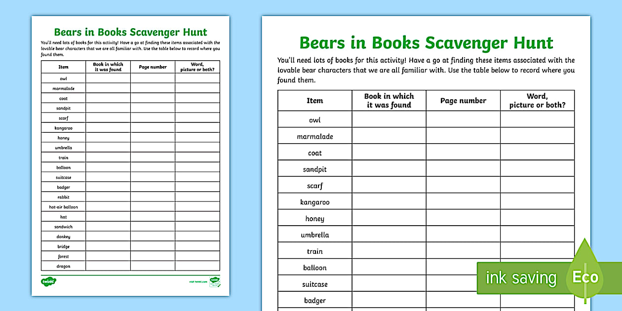 Bears in Books Scavenger Hunt Worksheet - Twinkl
