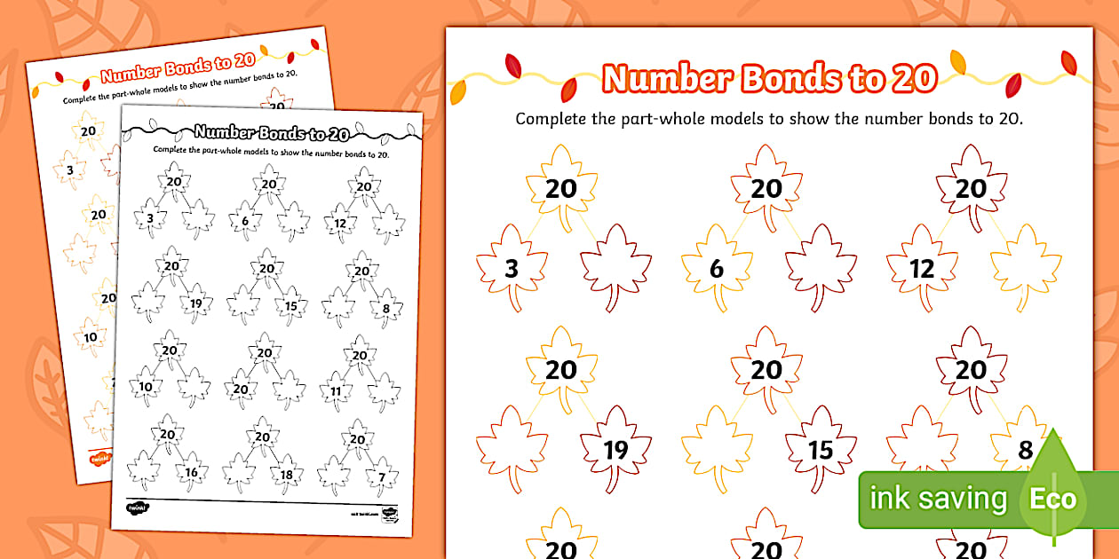 👉 Autumn-Themed Number Bonds to 20 Worksheet - Twinkl