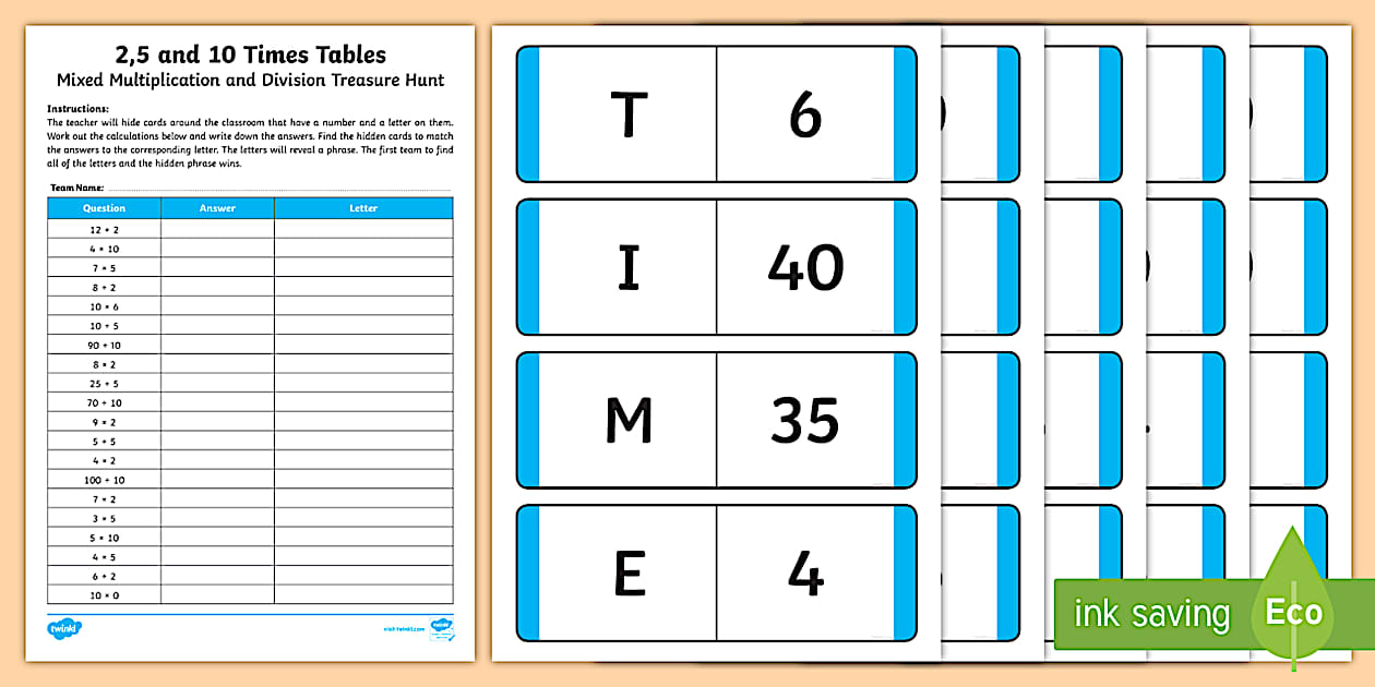 2, 5 and 10 Times Tables Mixed Multiplication and Division Treasure Hunt
