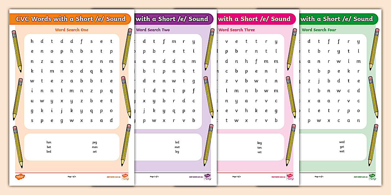 CVC Words with Short /e/ Word Search Pack ∣ F-2 Literacy