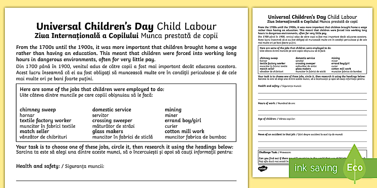 KS2 Universal Children's Day Child Labor Worksheet / Worksheet
