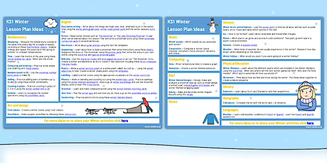 Editable Winter KS1 Lesson Plan Ideas (Hecho por educadores)