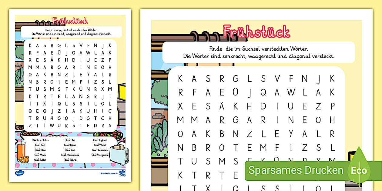 Frühstück - Suchsel | Buchstabengitter zum Thema gesunde Ernährung