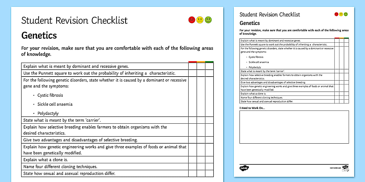 Genetics Student Revision Checklist (teacher made) - Twinkl