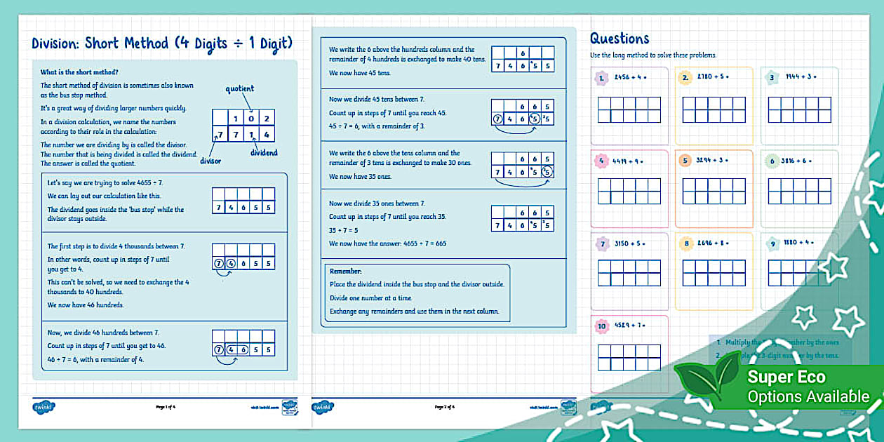 Division: Short Method (4 Digits ÷ 1 Digit) (Ages 9 - 10)