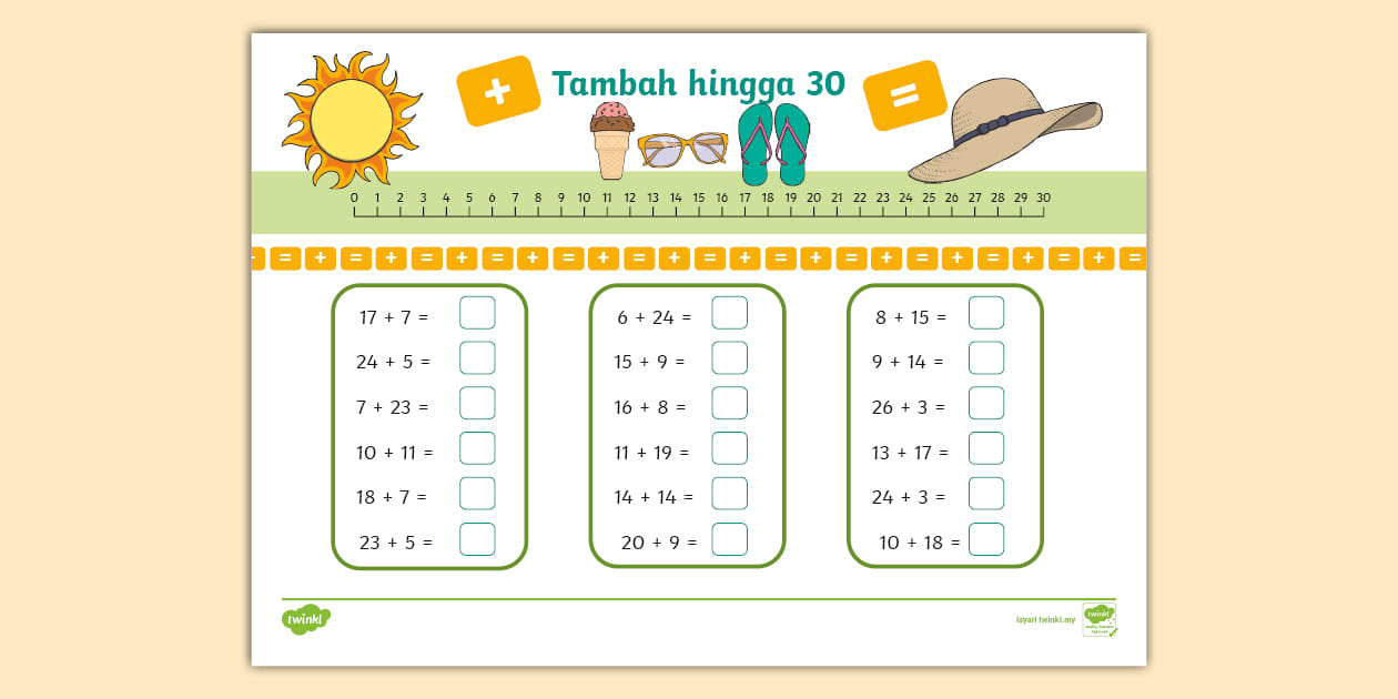 Lembaran Kerja Tema Musim Panas Tambah hingga 30 - Twinkl