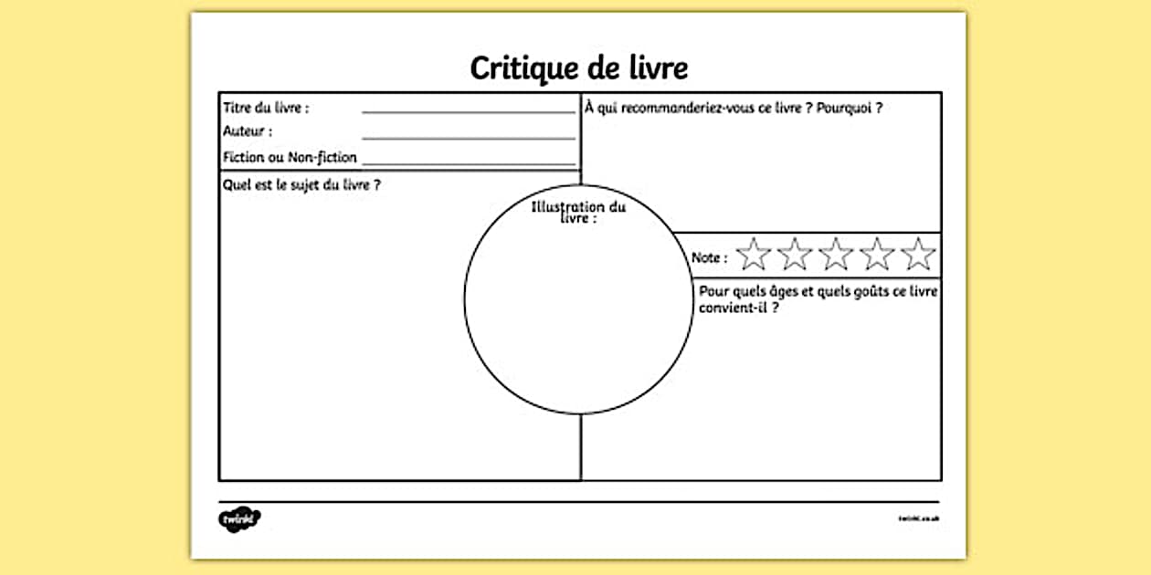 Critique de livre Book Review Worksheet French - Twinkl