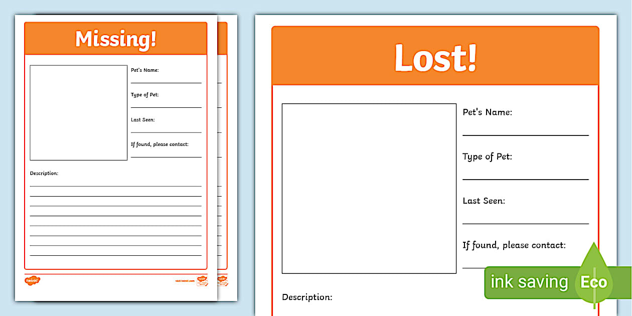 Missing! Lost Pet Writing Frames - Lost and Found Resource