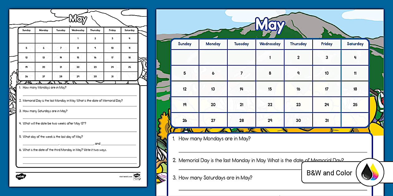 May Reading a Calendar Worksheet for K-2nd Grade - Twinkl