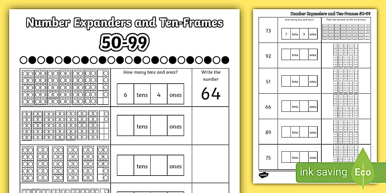 Number Expanders and Ten-Frames Worksheets 50-99 - Twinkl