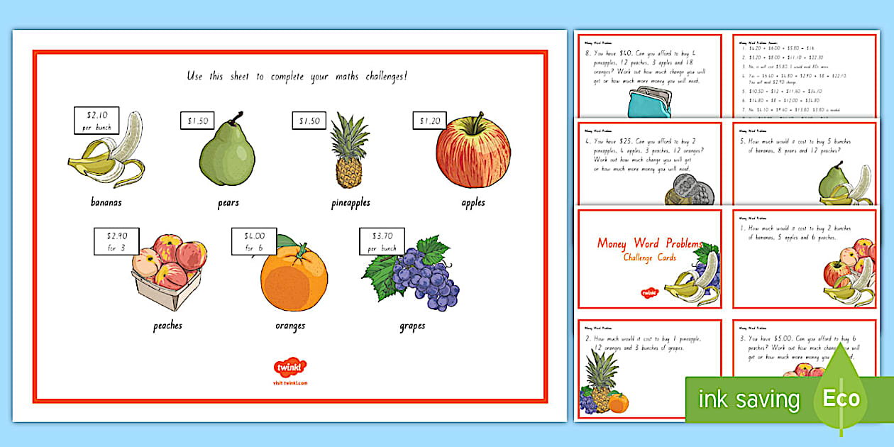 Money Word Problems Challenge Card Worksheets for Kids