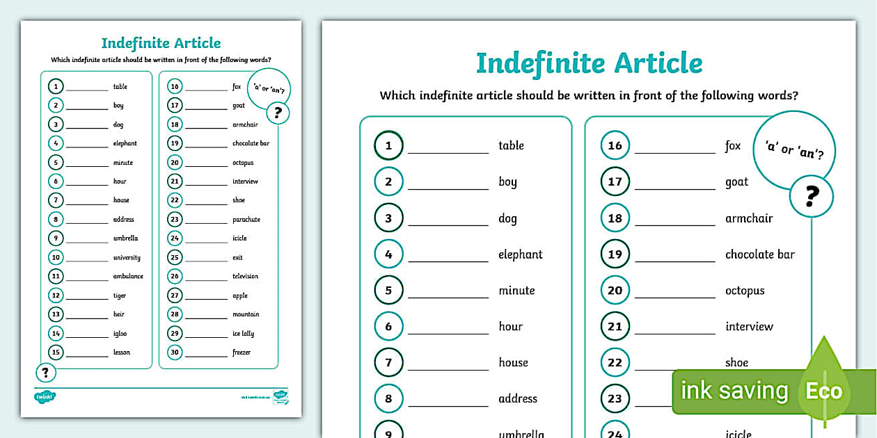 Editable Indefinite Article Worksheet (teacher made)
