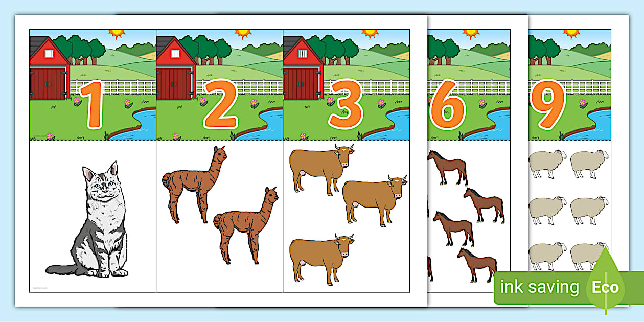 Farm yard number matching count to 10 Matching Cards
