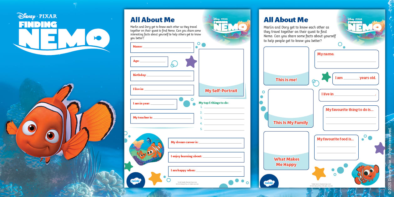 Finding Nemo: All About Me Worksheets
