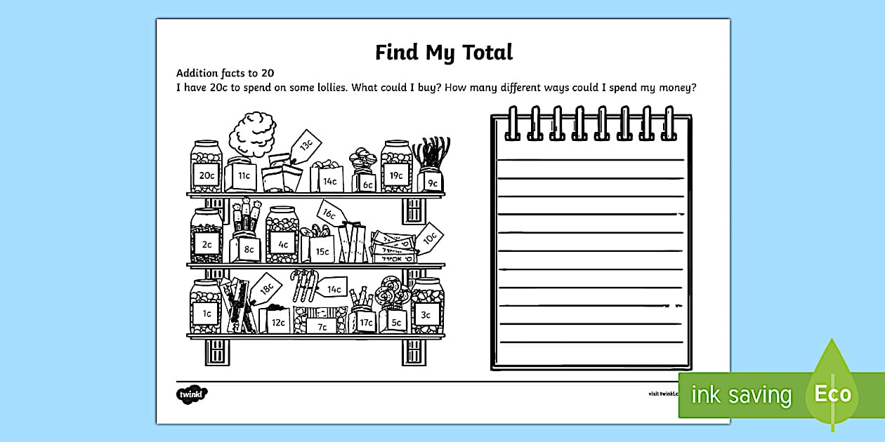 Find My Total (Addition Facts to 20) Worksheet / Worksheet