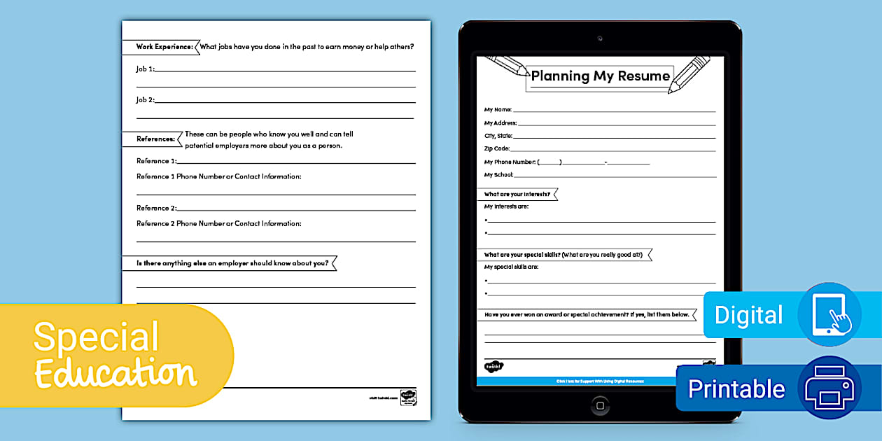 Life Skills: Planning My Resume Worksheet for Special Education