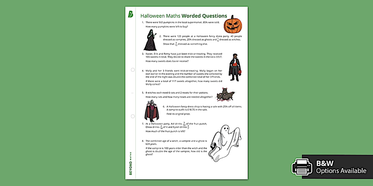 Halloween Maths Word Problems Questions Worksheet | KS3 Maths