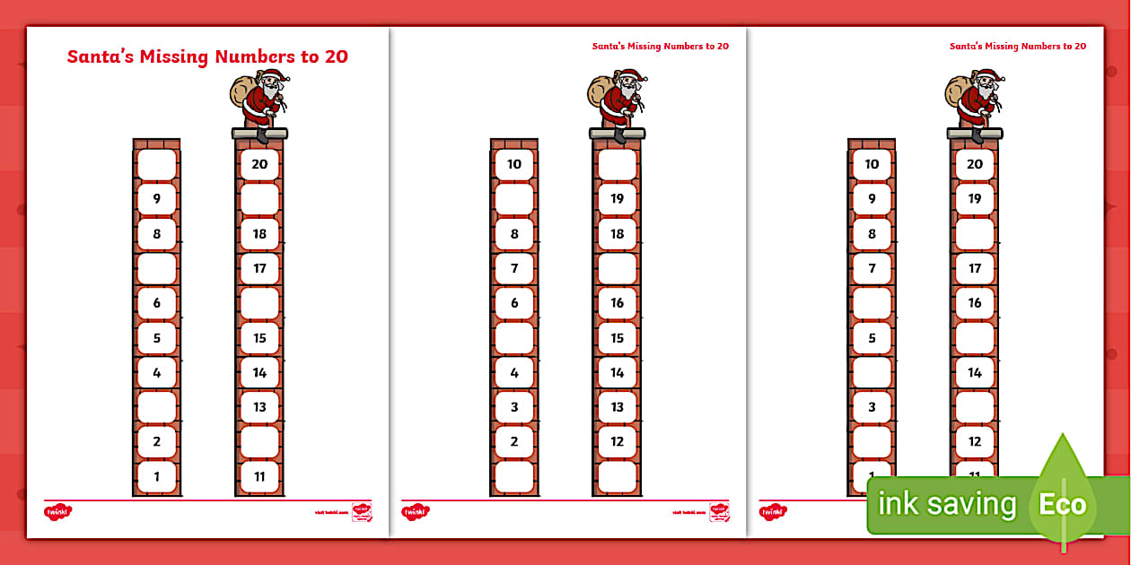 👉 Santa's Missing Numbers to 20 Activity Sheet - Twinkl