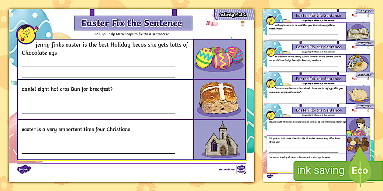 Black and White LKS2 Easter Fix the Sentence Activity Mat Pack
