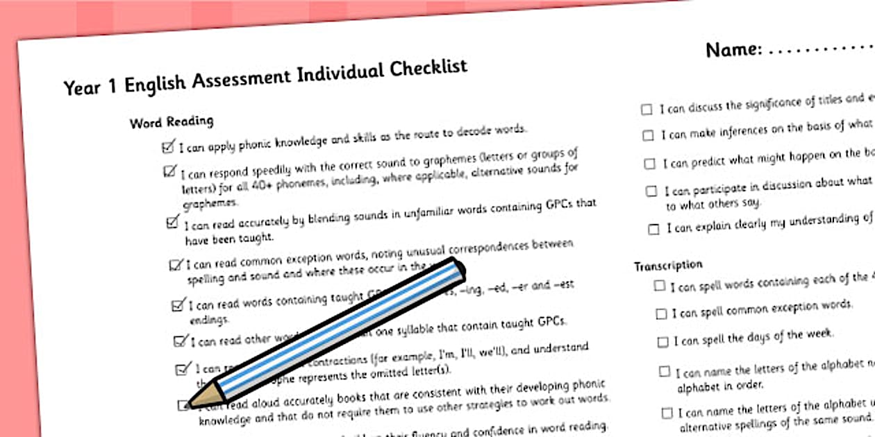 2014 National Curriculum Year 1 English Assessment Individual Checklist