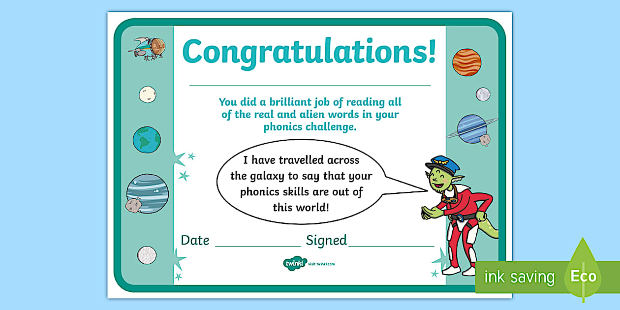Phonics Screening Check Alien Reward Certificate - Twinkl