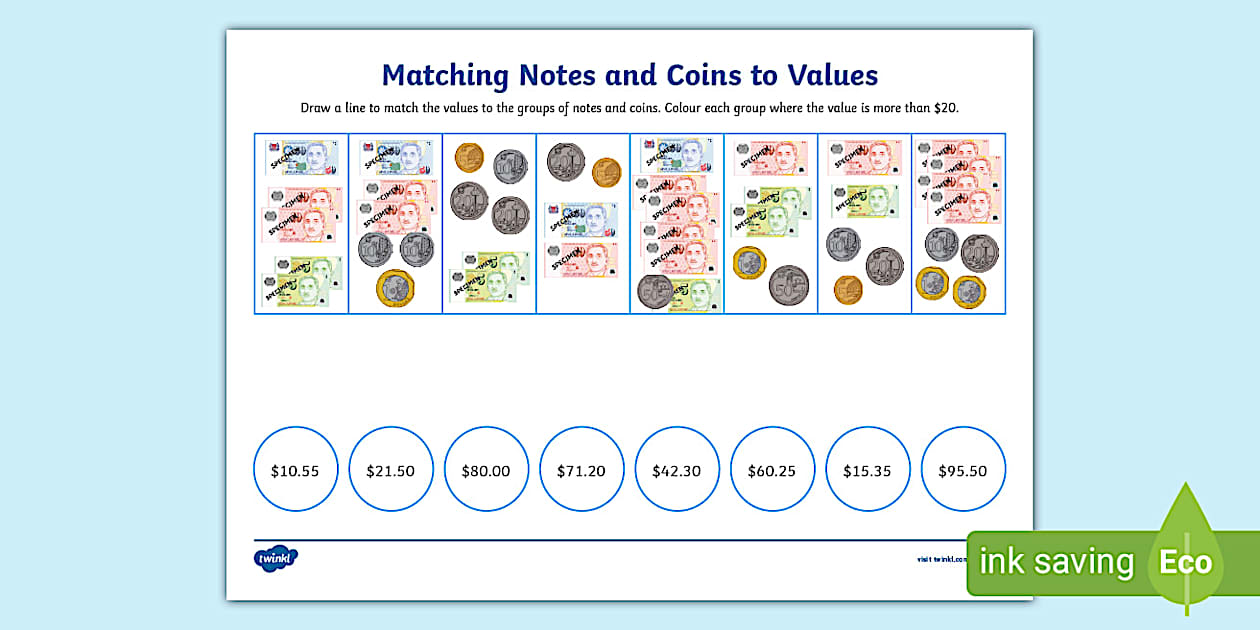 Singapore Money - Matching Notes and Coins to Value - Twinkl