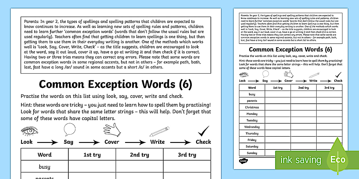 Year 2 Spelling Practice Common Exception Words (6) Homework Worksheet