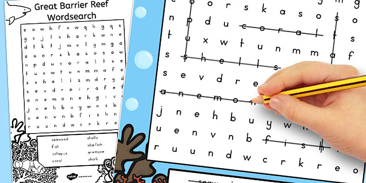 Black and White Great Barrier Reef Word Search - Twinkl
