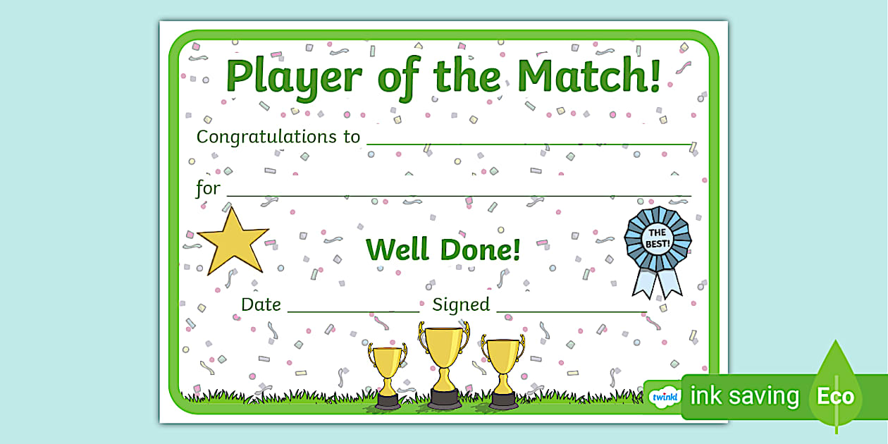 Player of the Match Certificate, Sport Certificate - Twinkl