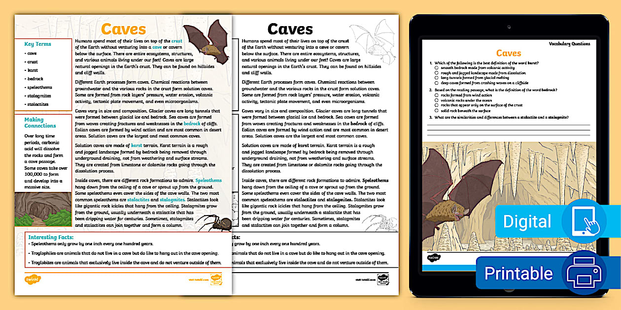 Eighth Grade Caves Fact File and Vocabulary Questions