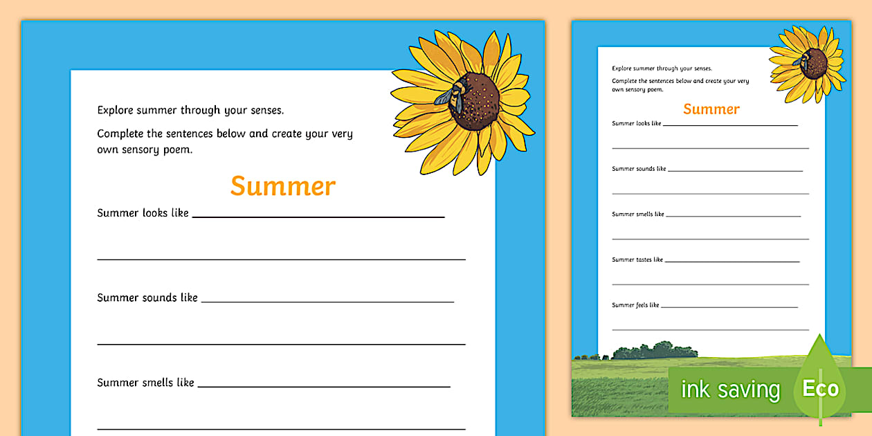 Black and White Summer Sensory Poem Worksheet - Twinkl