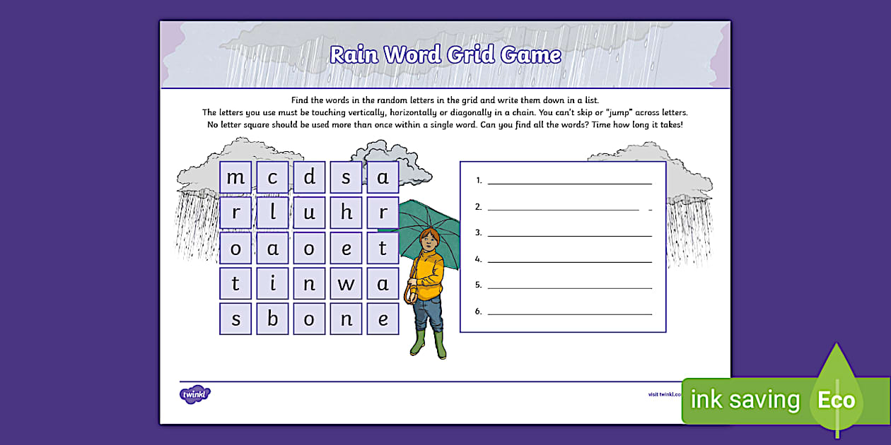 Rain Word Grid Game (teacher made) - Twinkl