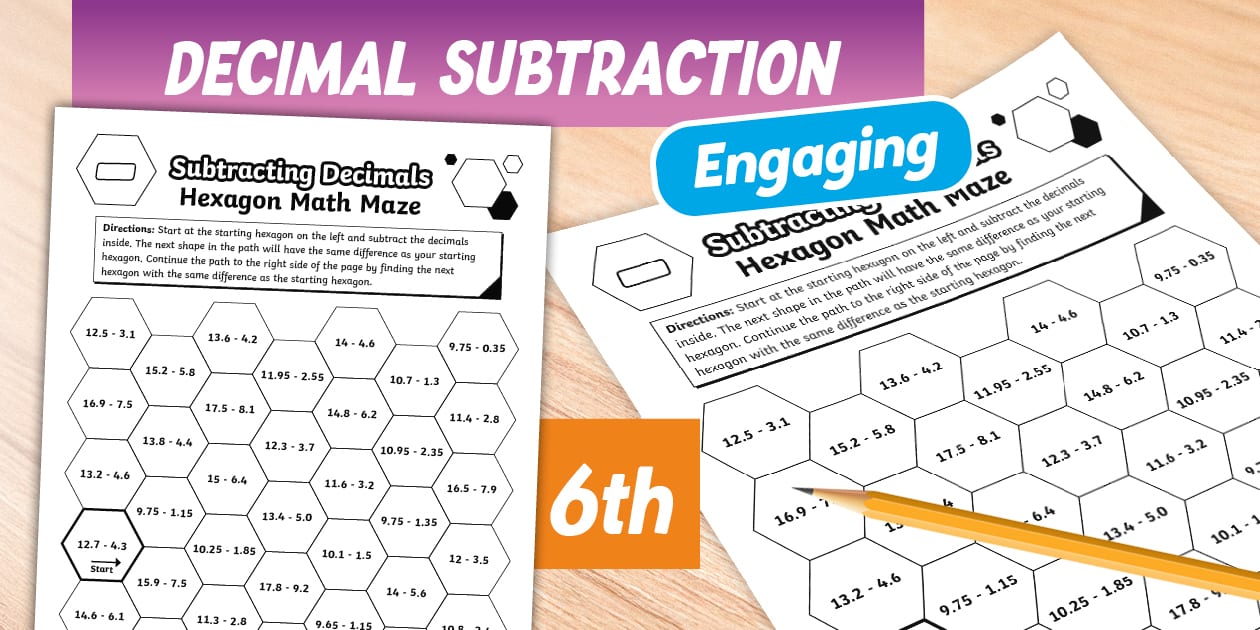 Sixth Grade Subtracting Decimals Hexagon Math Maze - Twinkl