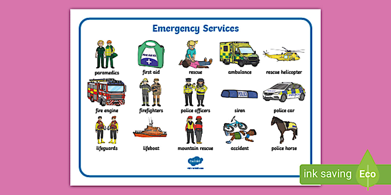 Emergency Services Word Mat (teacher made) - Twinkl