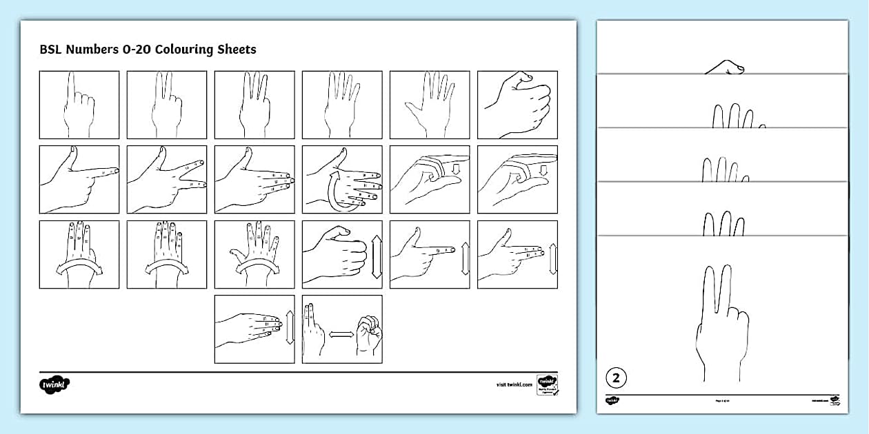 BSL Numbers 1-20 Colouring Sheets Pack - Twinkl