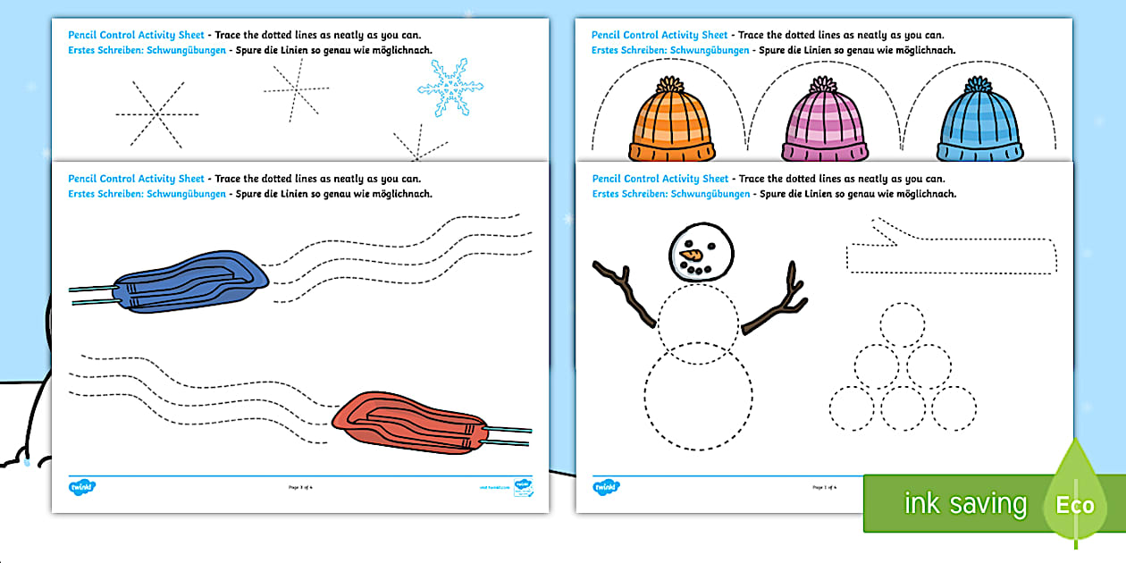 Winter Pencil Control Worksheet / Worksheets English/German