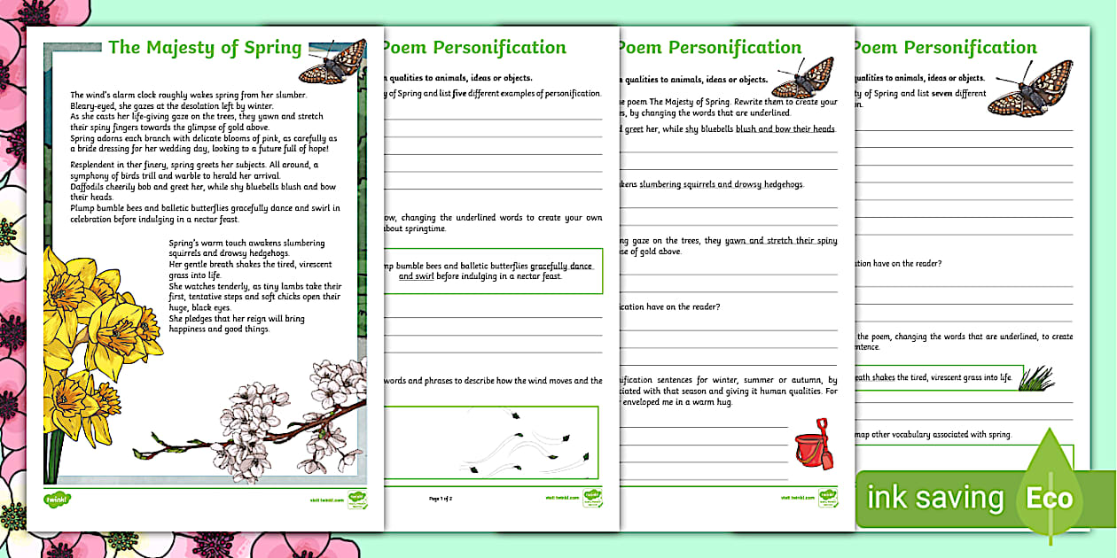 Spring Poem Personification Worksheets - Twinkl